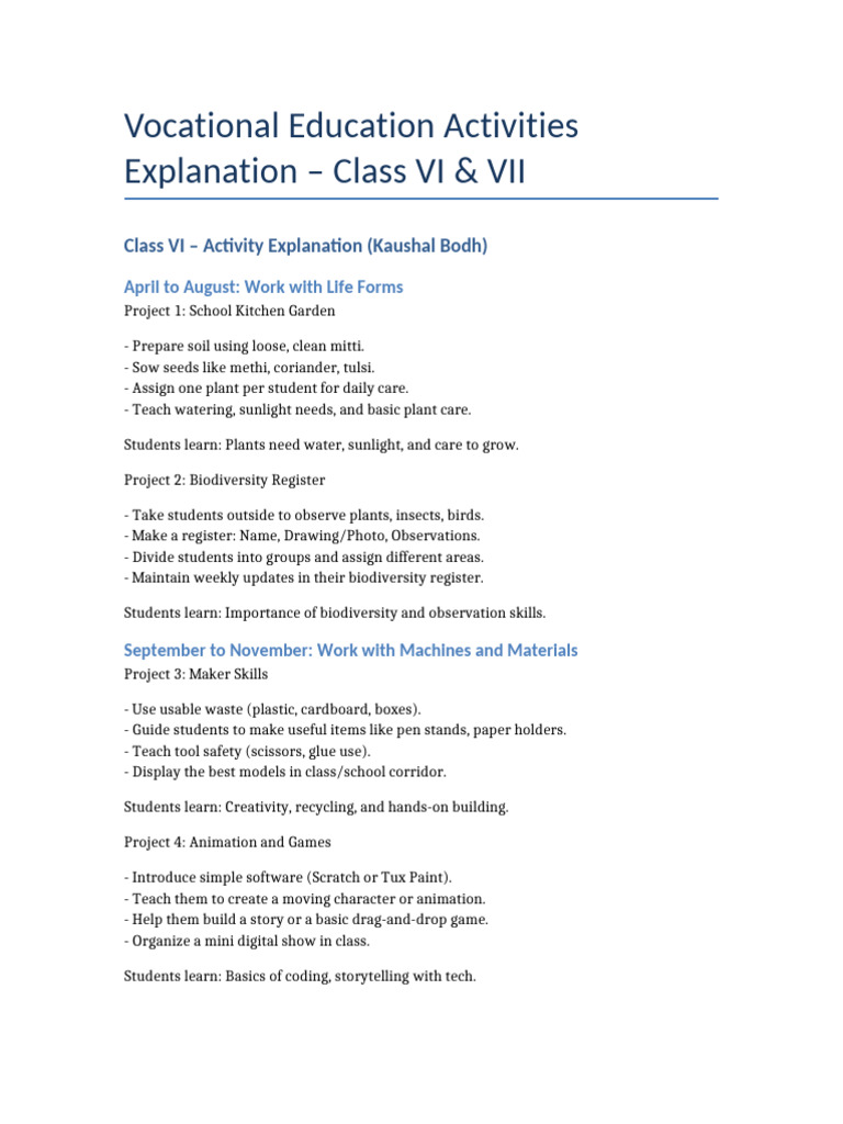 Class VI Vocational Activity Explanation | PDF