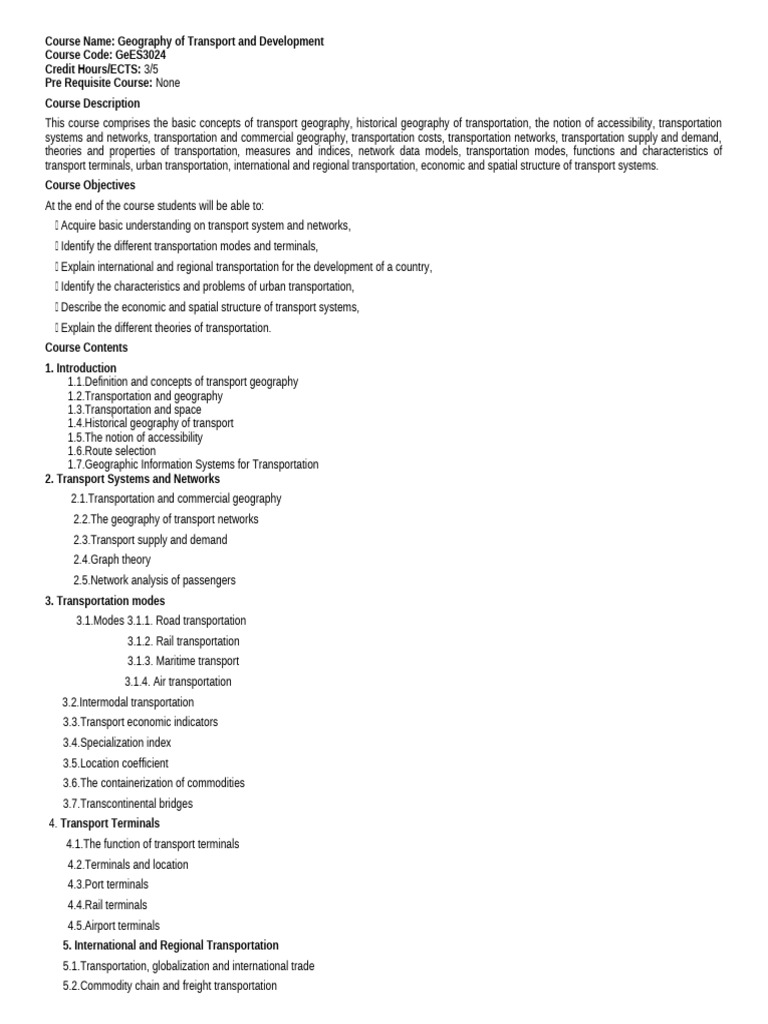 Transport Geography and Development Course | PDF | Transport | Geography