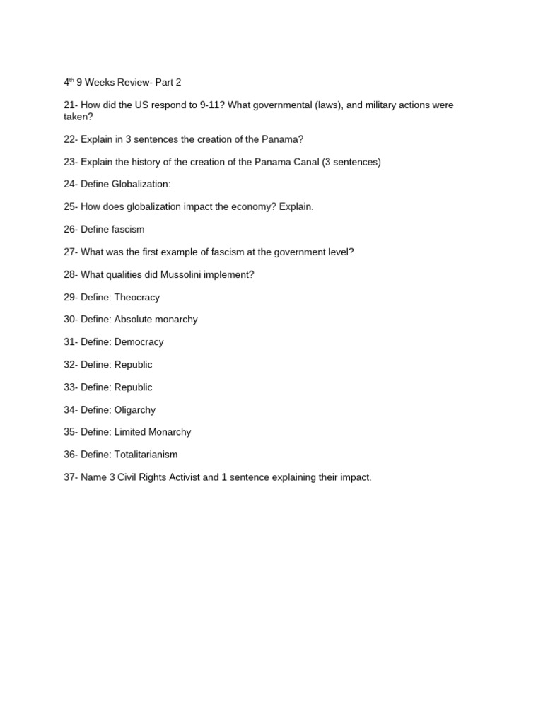 4th 9 Weeks Review - Part 2 | PDF