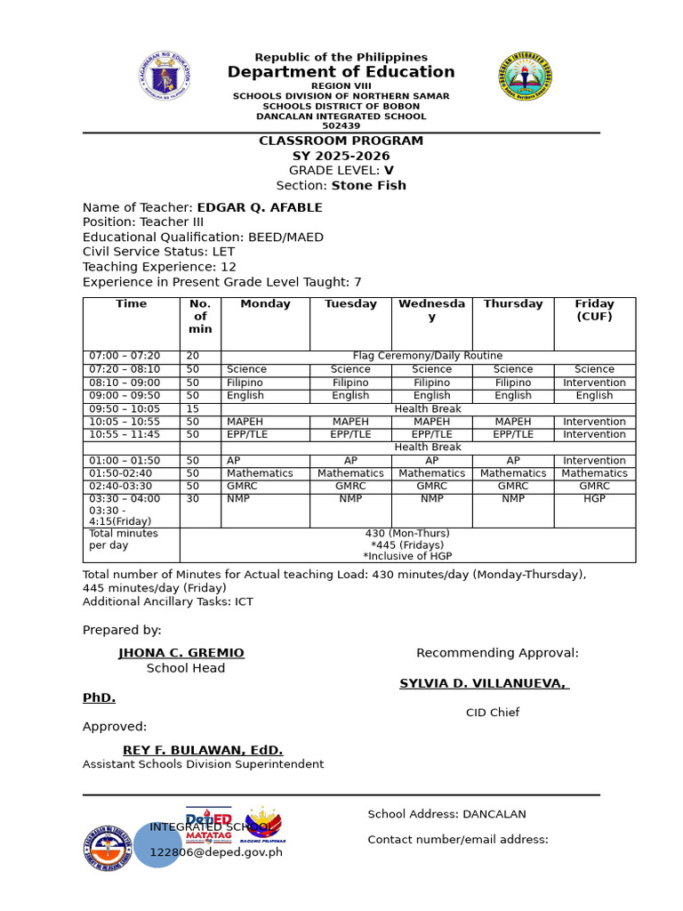 Dancalan Integrated School Program 2025-2026 | PDF