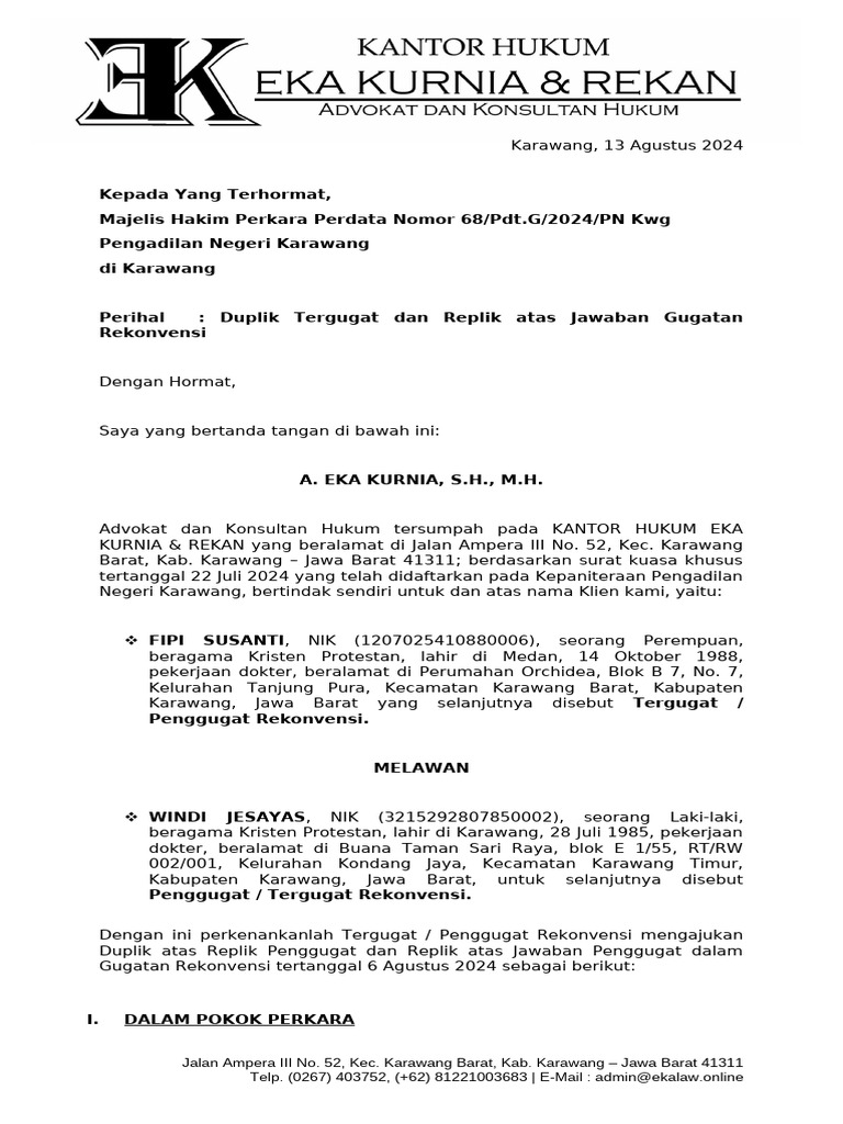 Duplik Gugatan Dan Replik Rekonvensi (Susan) | PDF