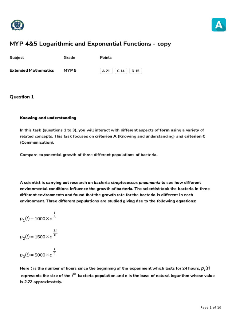 MYP 4&5 Logarithmic and Exponential Functions | PDF | Apparent ...