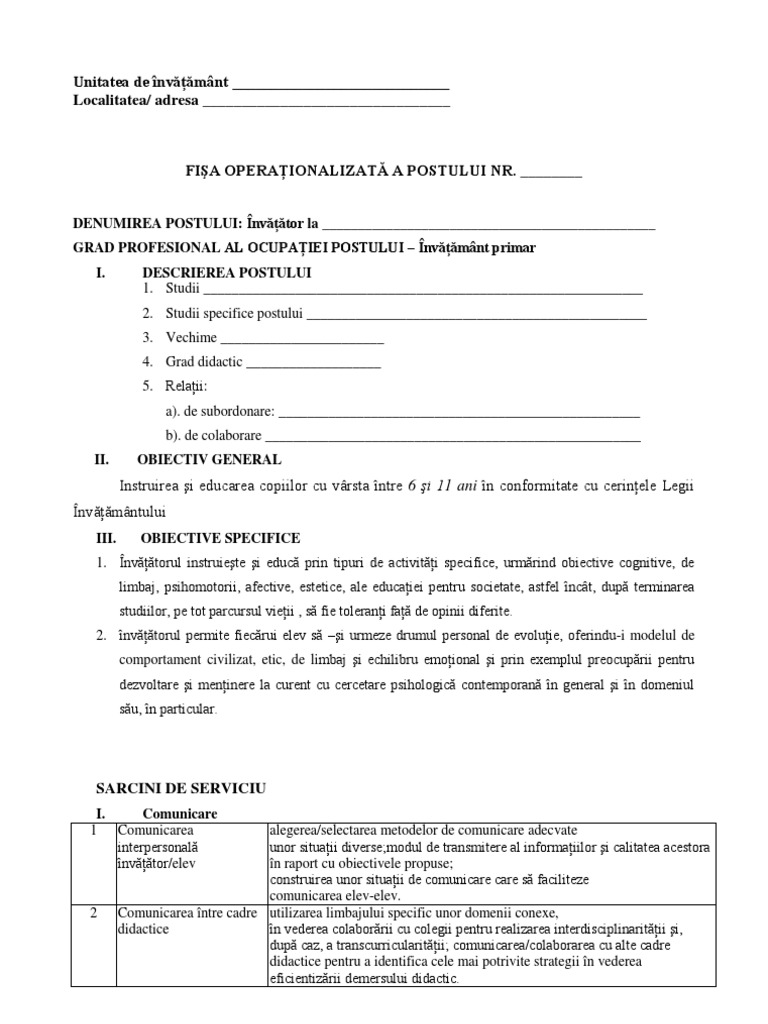 FISA POSTULUI Invatator | PDF