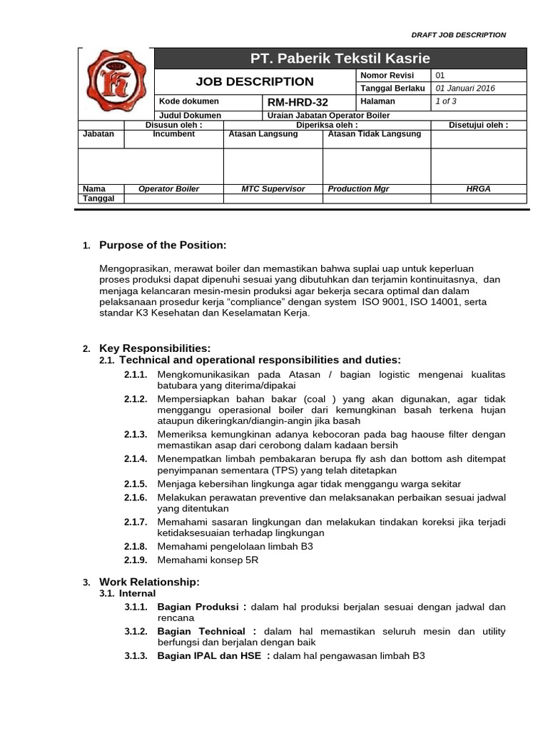 Uraian Jabatan Operator Boiler | PDF