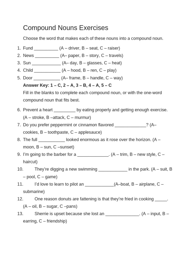 Compound Noun Exercises with Answers | PDF