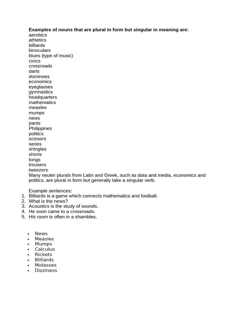 Examples of Nouns That Are Plural in Form But Singular in Meaning Are | PDF