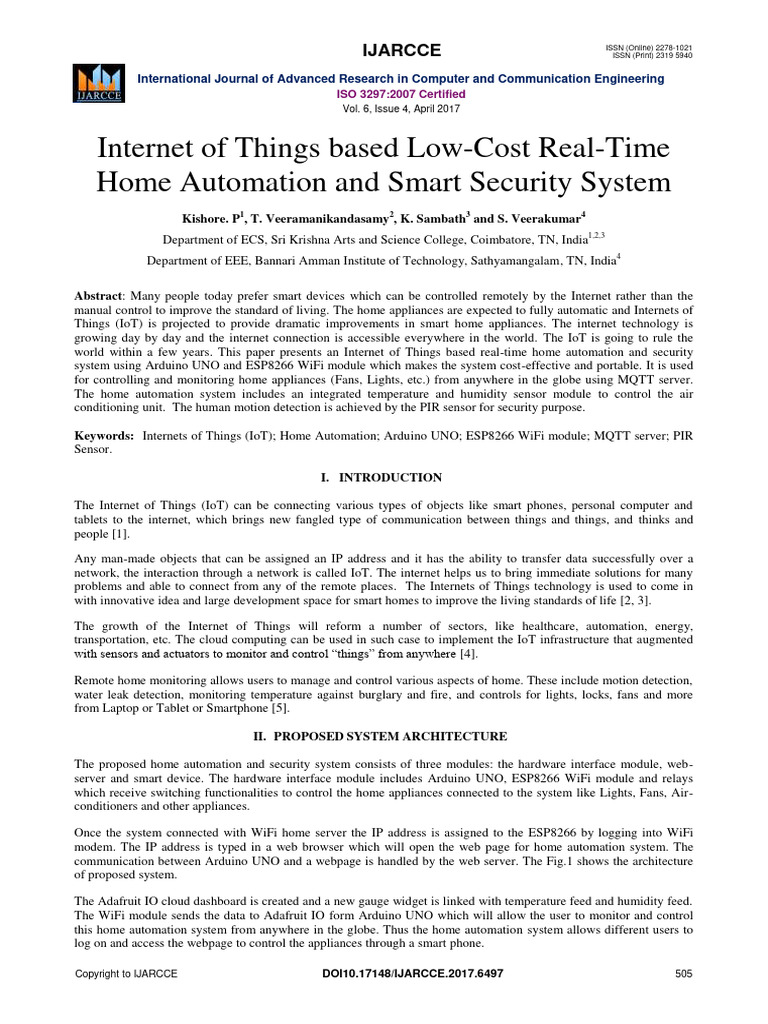 Internet of Things Based Low-Cost Real-Time Home Automation and Smart Security System | PDF ...