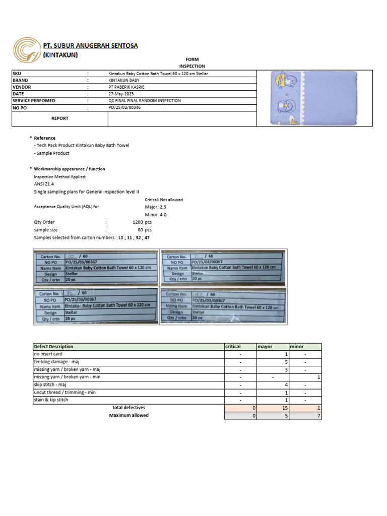 Kintakun Baby Cotton Bath Towel 60 X 120 CM Stellar Kasrie AQL Level | PDF | Textiles