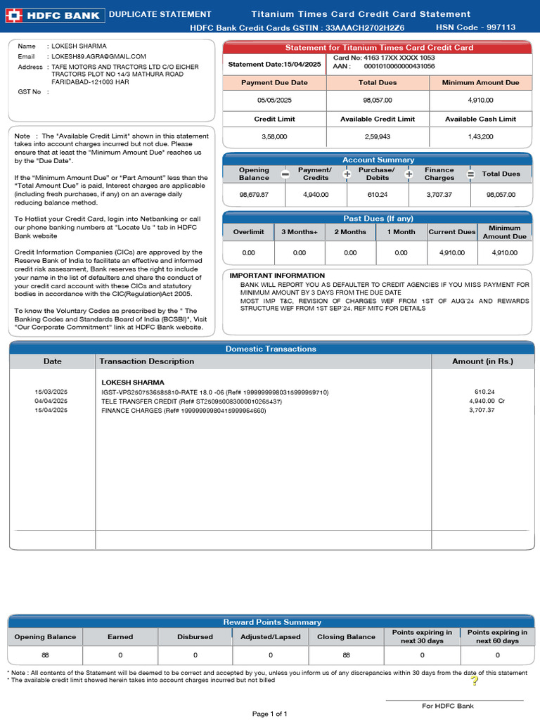 HDFC Titanium Times Card Statement | PDF | Credit Card | Banks