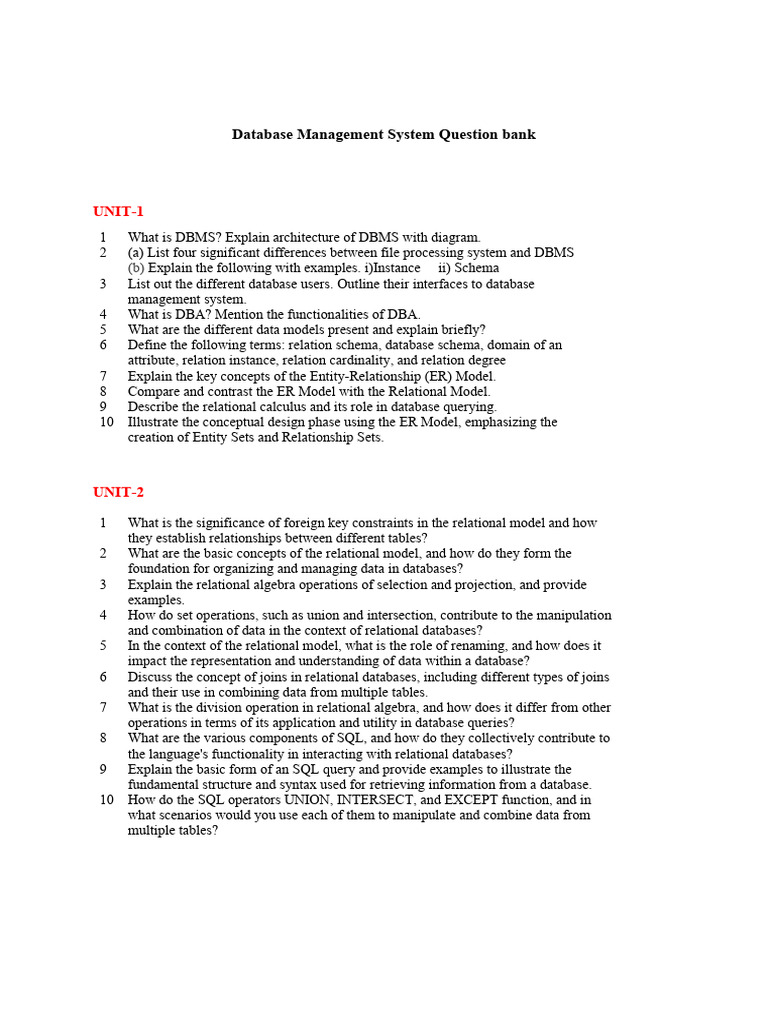 DBMS MID 1 Question Bank (1) | PDF | Relational Model | Databases