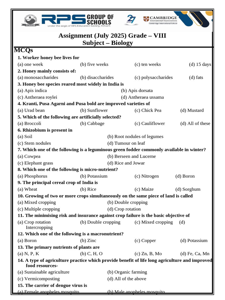 Viii Biology Assignment July 2025 | PDF | Legume | Nutrients