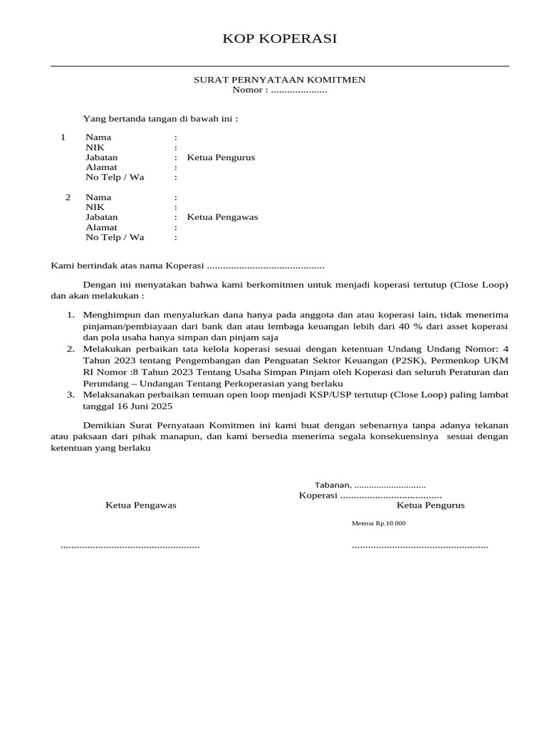 Surat Pernyataan Koperasi 2025. | PDF