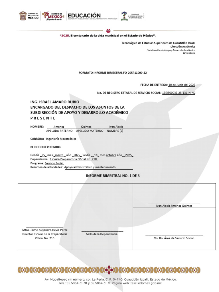 Portada de Informe Bimestral 1 de 3 2025-1 | PDF