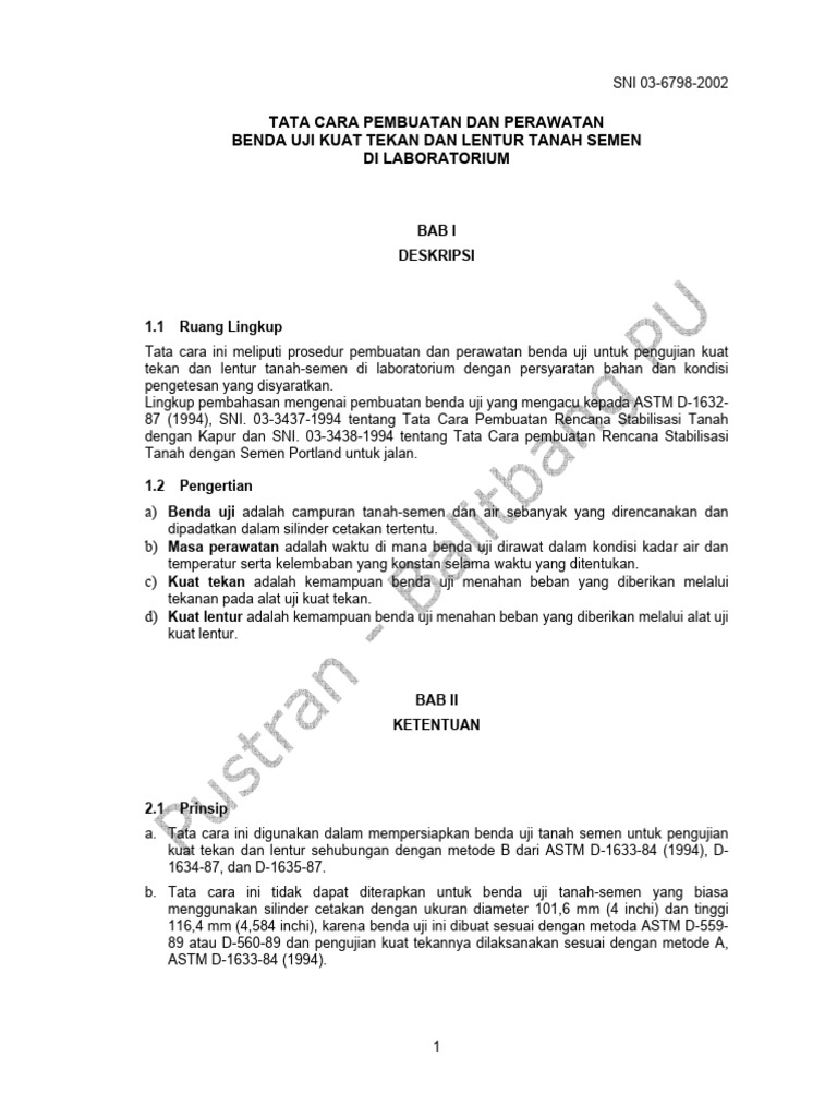 Tata Cara Pembuatan Dan Perawatan Benda Uji Kuat Tekan Dan Lentur Tanah Semen Di Laboratorium | PDF