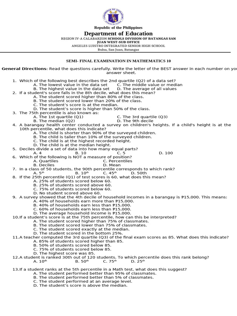 Mathematics 10 Semi-Final Exam Guide | PDF | Sampling (Statistics ...