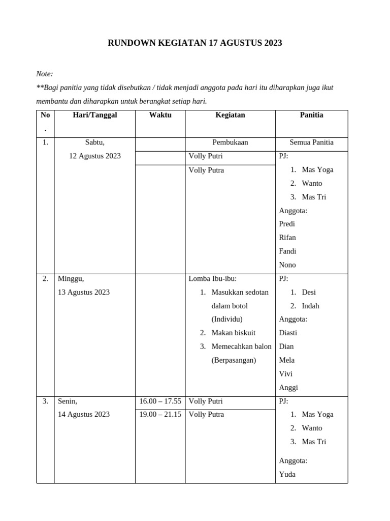 Rundown Kegiatan 17 Agustus 2023 | PDF