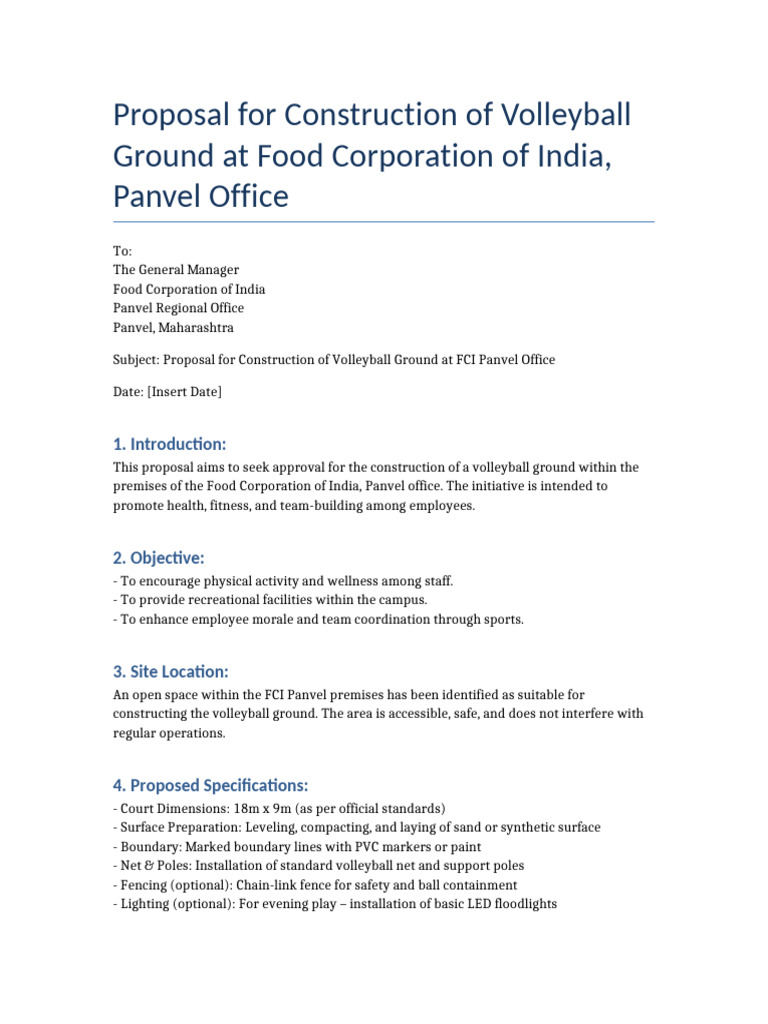 Volleyball Ground Proposal for FCI Panvel | PDF