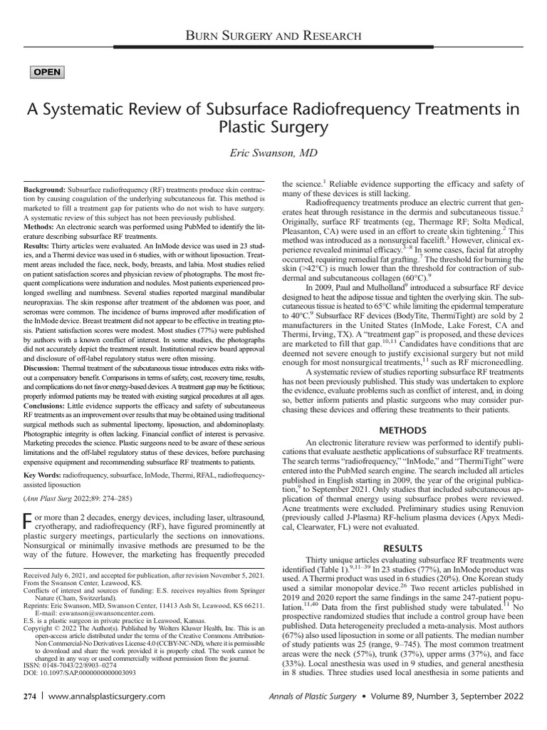 A Systematic Review of Subsurface Radiofrequency Treatments in Plastic ...