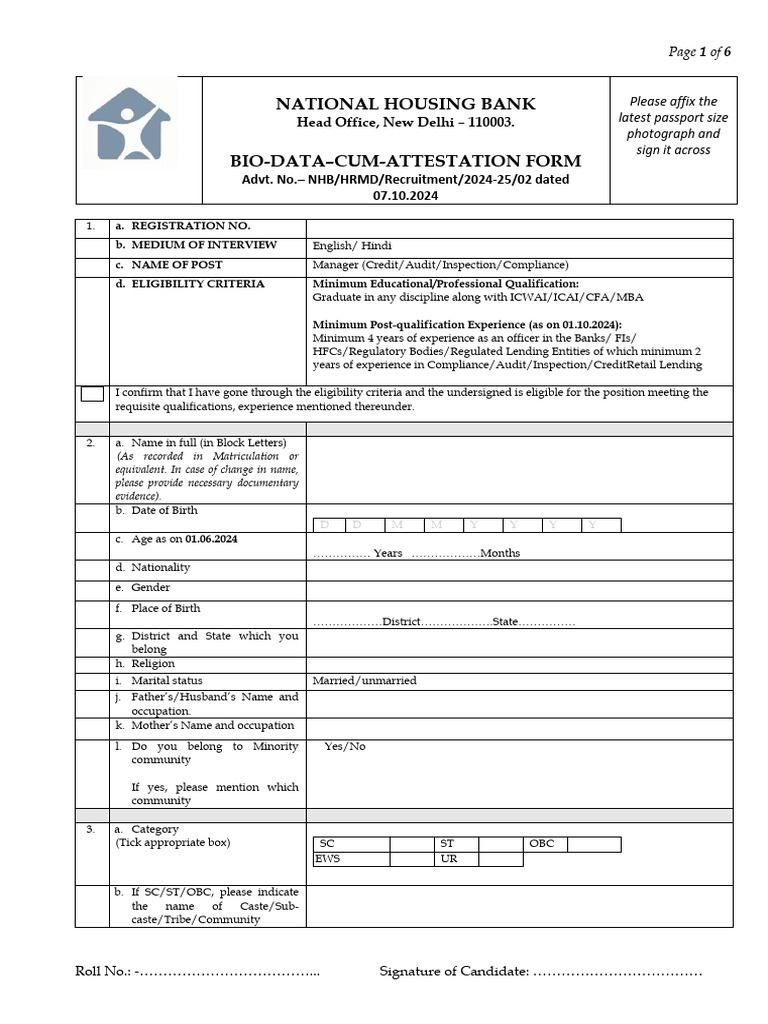 Bio Data Cum Attestation Form - Manager Credit - Audit - Inspection ...