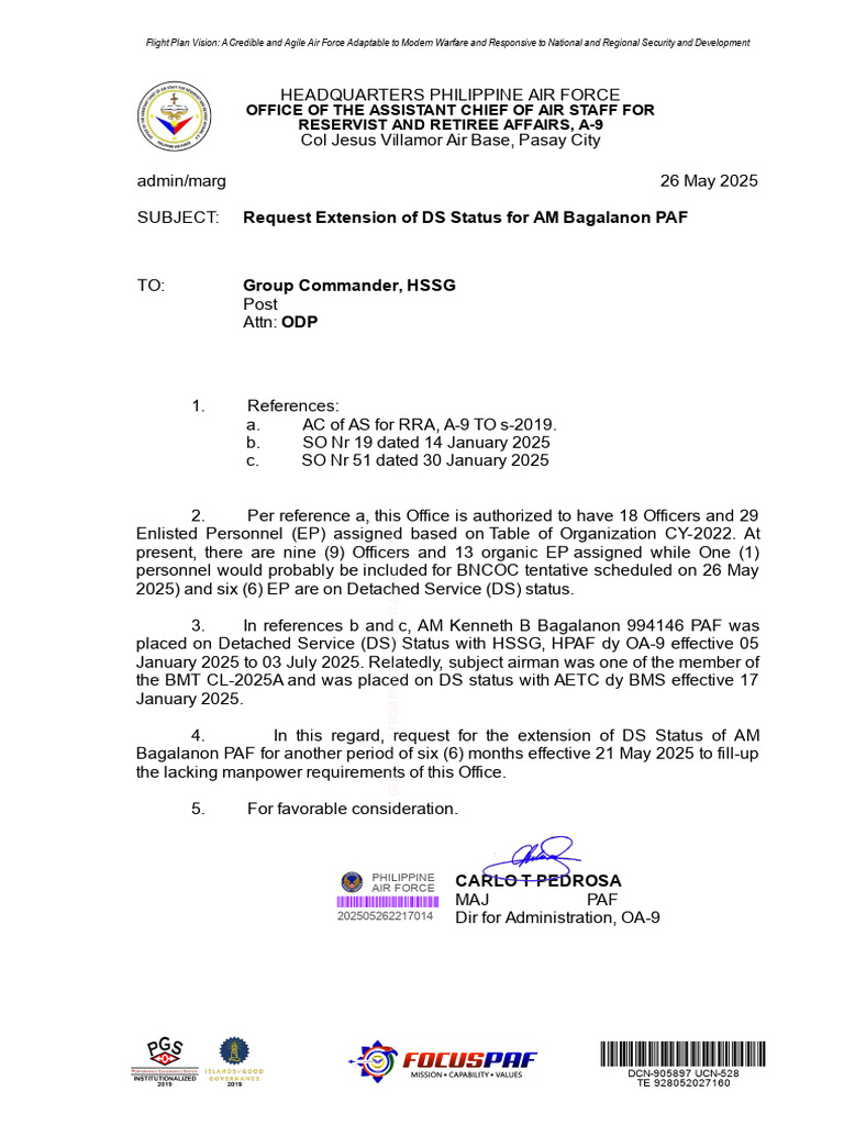 Request Extension of DS Status For AM Bagalanon PAF | PDF | Military ...