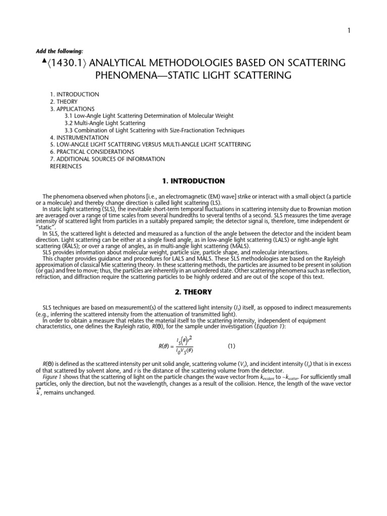 〈1430.1〉 Analytical Methodologies Based on Scattering Phenomena-Static Light Scattering | PDF ...