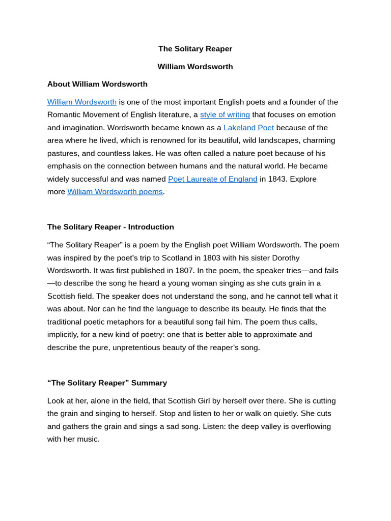 Solitary Reaper - Summary, Theme & Literary Devices | PDF | Poetry ...
