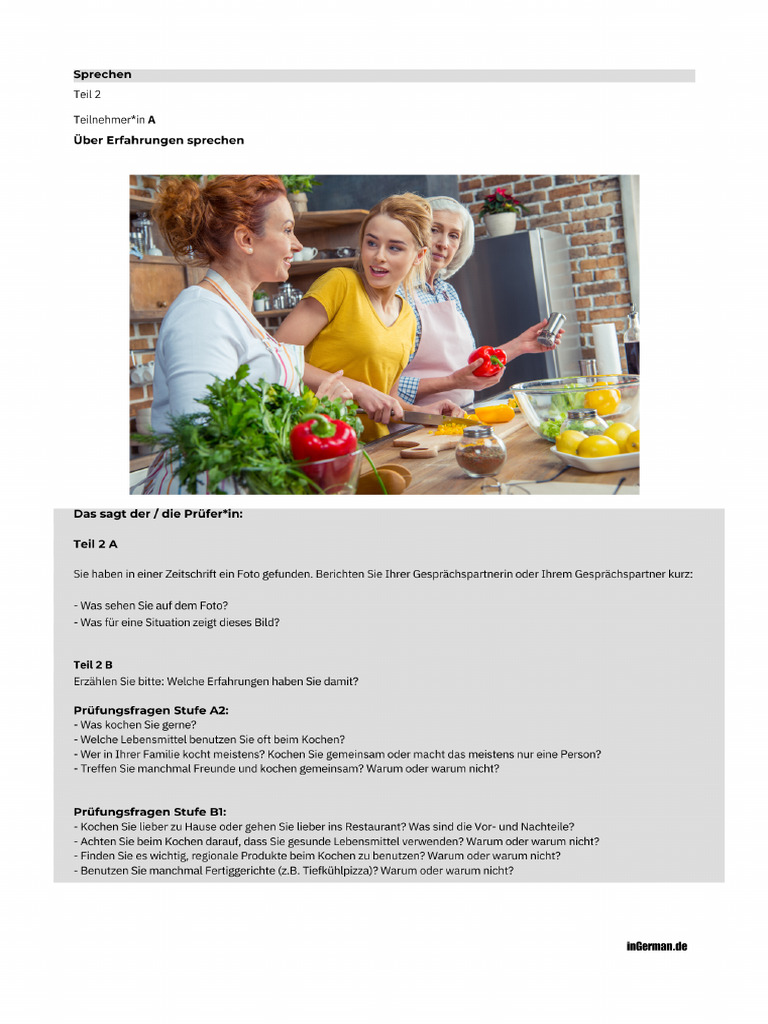 DTZ Sprechen Teil 2 Thema Kochen | PDF
