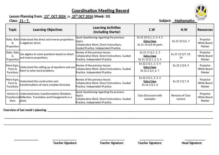 Mathematics Lesson Plan: Ratios & Vectors | PDF | Algebra | Linear Algebra