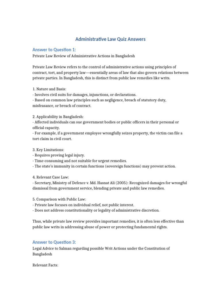 Administrative Law Quiz Answers | PDF | Tort | Legal Remedy