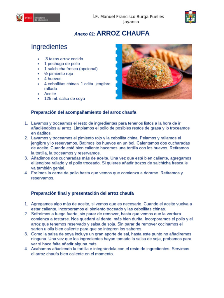 Receta de Arroz Chaufa Peruano | PDF