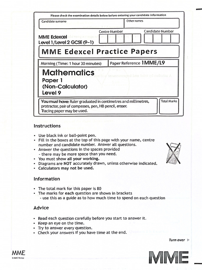 Edexcel L9 Math Paper 1 Non Calculator | PDF