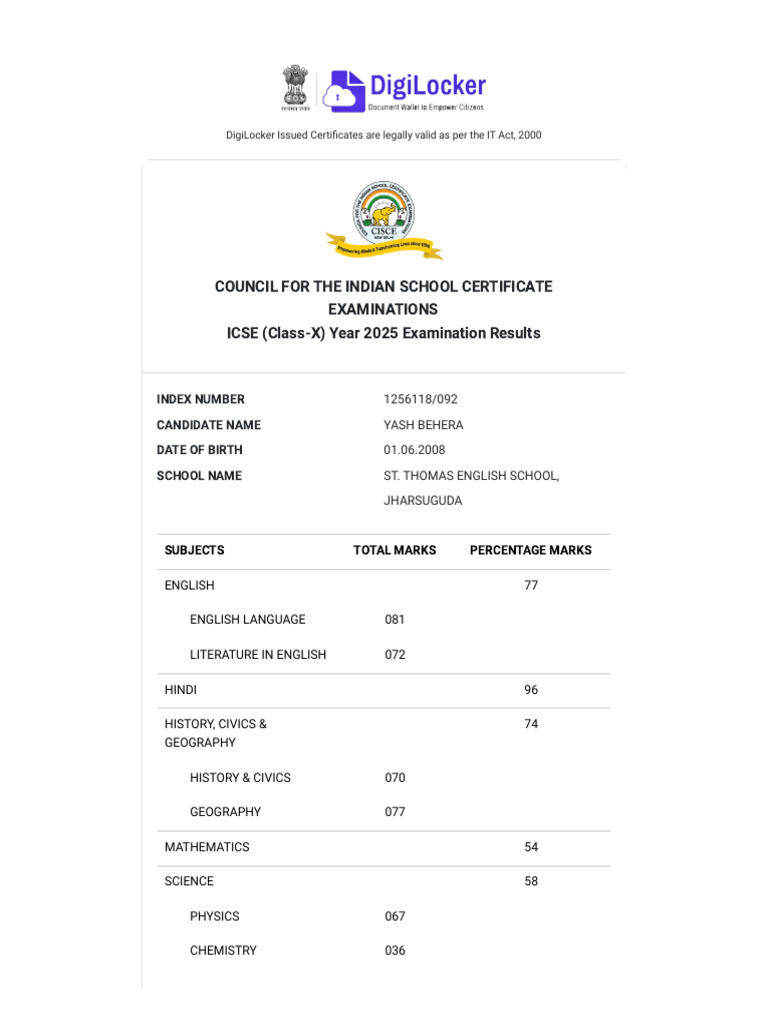 ICSE Class X 2025 Results Certificate | PDF