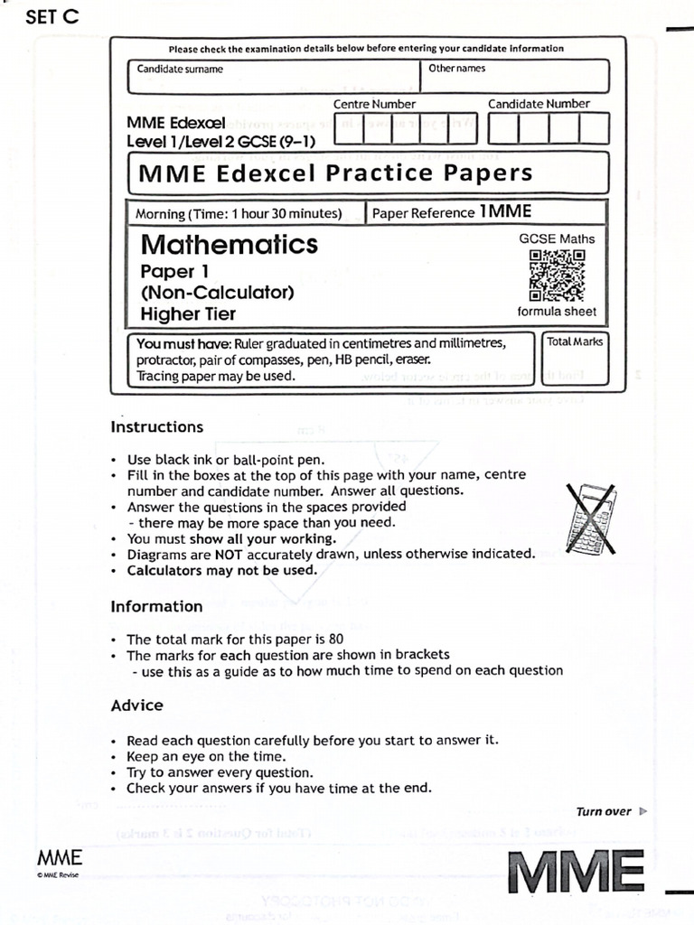 Edexcel. Math Paper 1. H, Non-Calculator | PDF