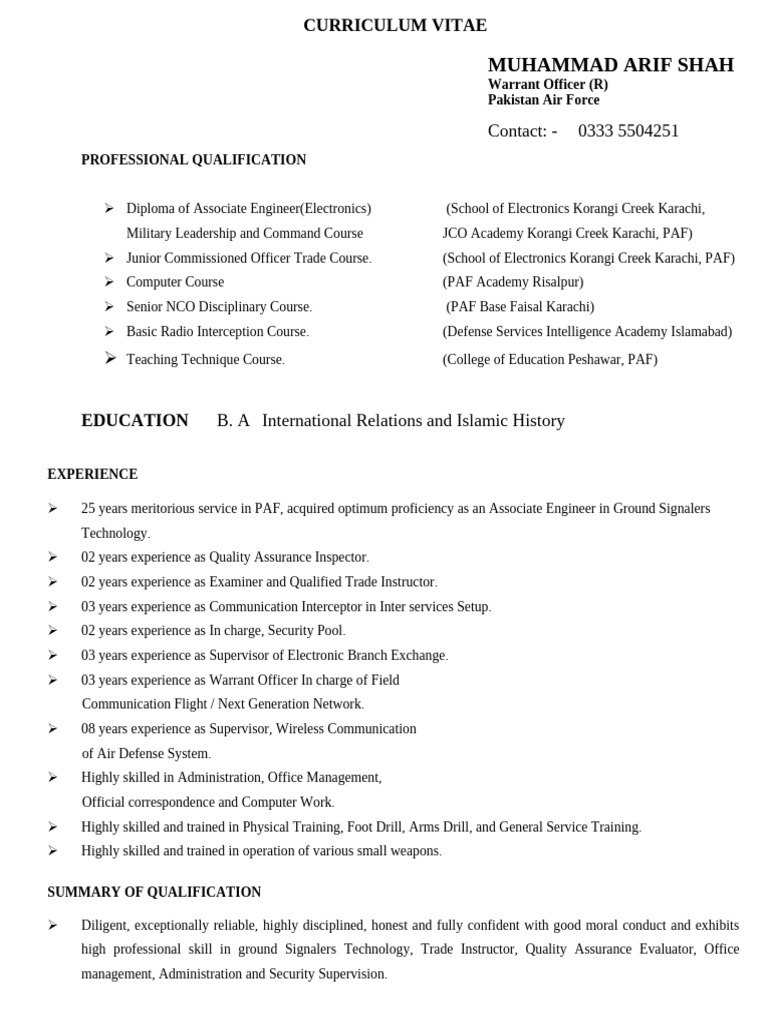 Muhammad Arif Shah CV - PAF Warrant Officer | PDF | Karachi