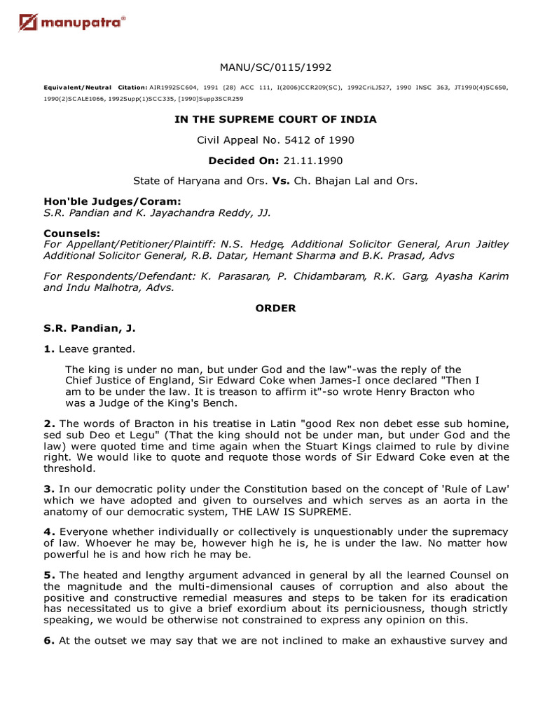 State of Haryana and Ors Vs CH Bhajan Lal and Ors 0211s920331COM248569 | PDF | Criminal Justice ...