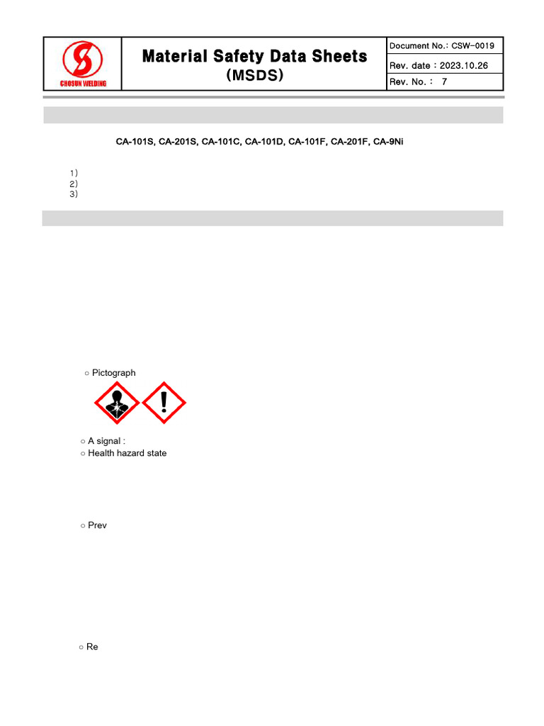 CSW-0019-20 MSDS SAW (Flux Wire) (EN) | PDF | Personal Protective Equipment | Construction