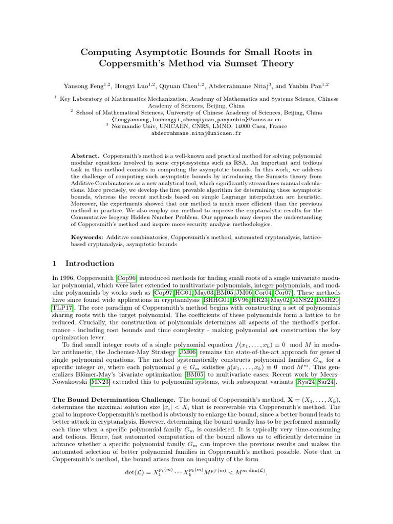 Computing Asymptotic Bounds For Small Roots in Coppersmith's Method Via Sumset Theory | PDF ...