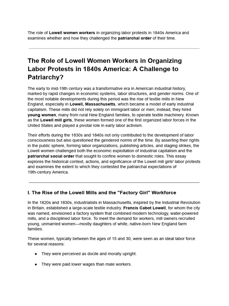 The Role of Lowell Women Workers in Organizing Labor Protests in 1840s ...