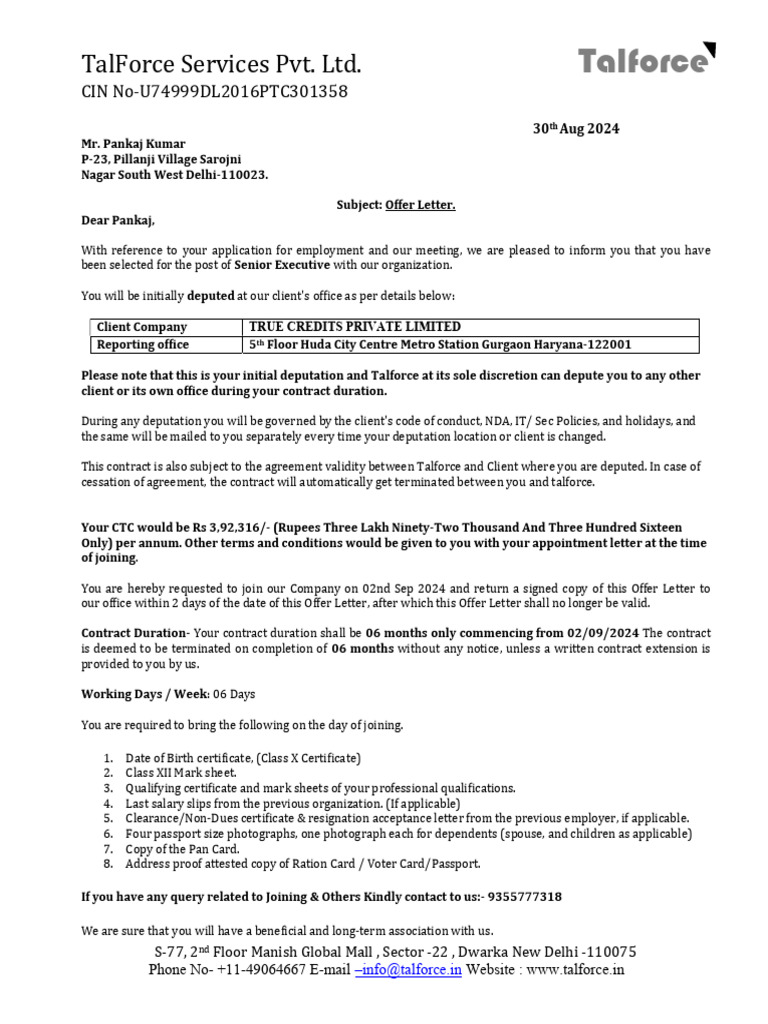 Offer Letter-Pankaj Kumar | PDF