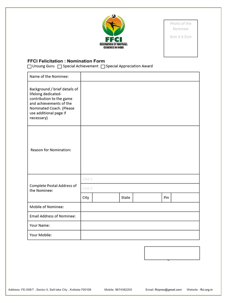 FFCI Felicitation Nomination Form 2025 | PDF