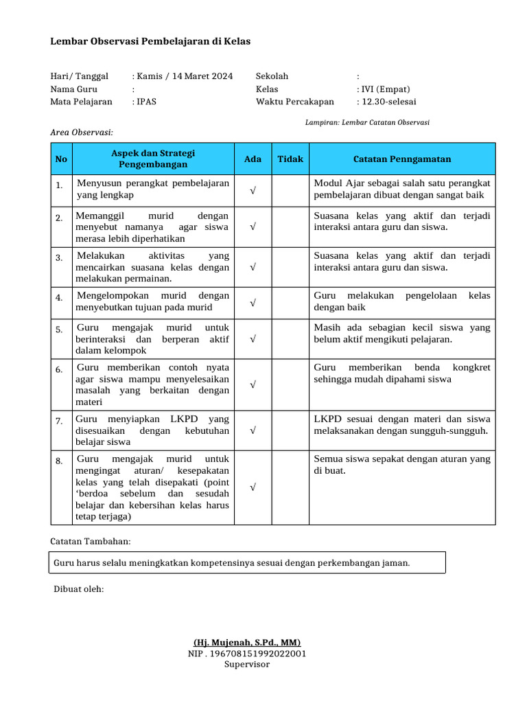 2 - Lembar Observasi Pembelajaran Di Kelas | PDF