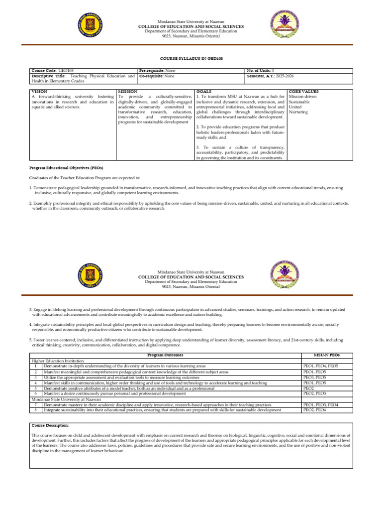 GED 108 Revised Syllabus | PDF | Physical Education | Educational ...