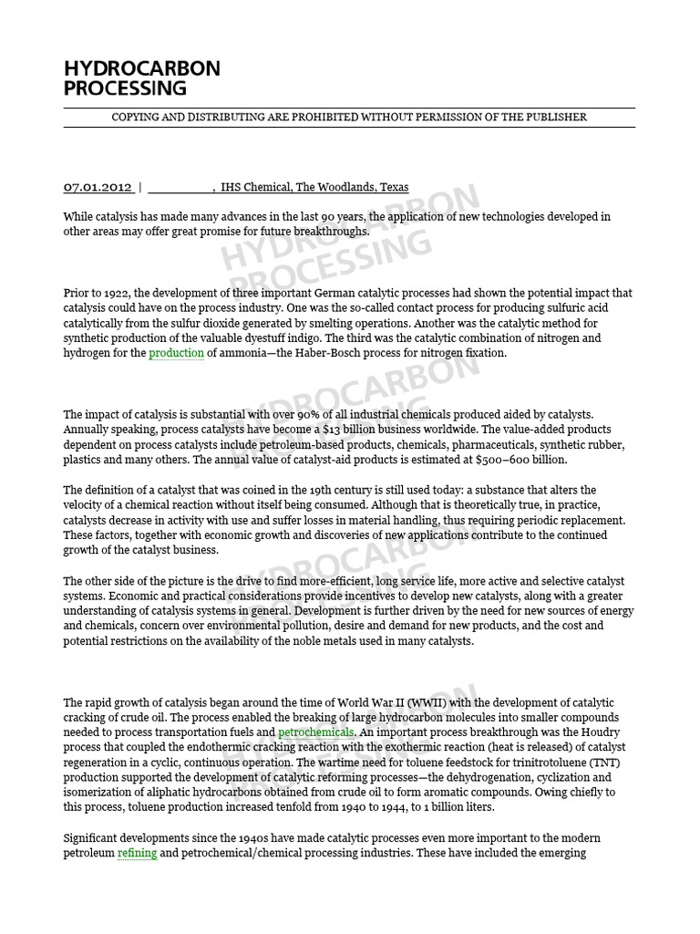 Catalyst Developments the Past 90 Years_HP_July 2012 | PDF | Catalysis | Cracking (Chemistry)