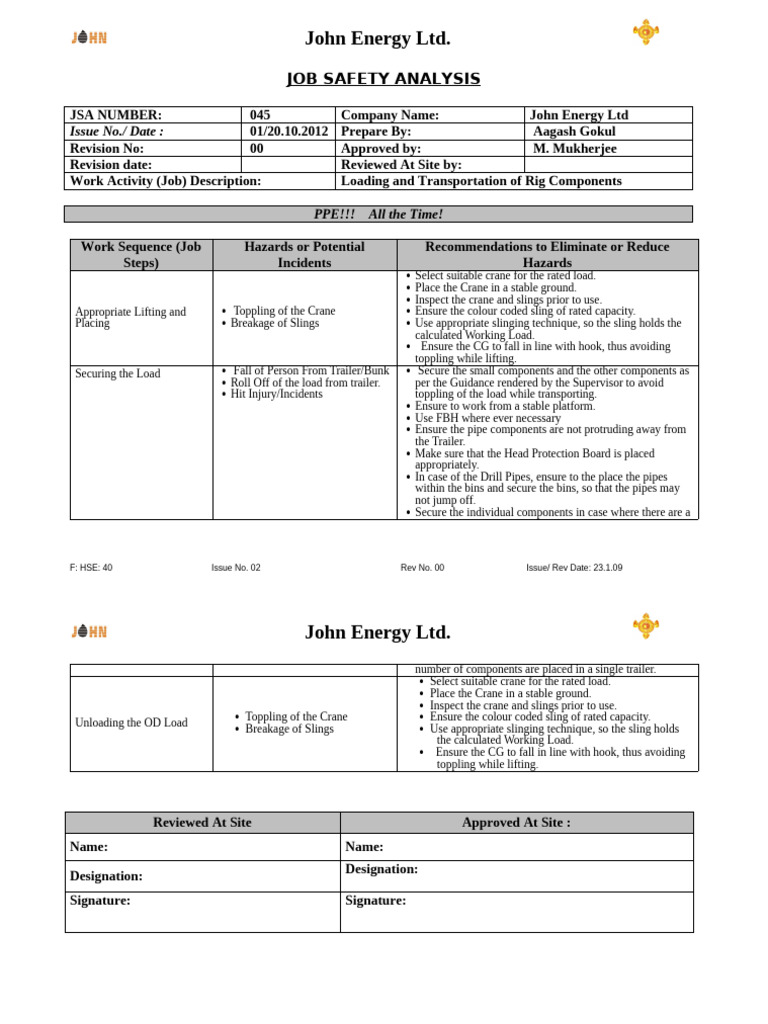 JSA On Loading and Transportation of Rig Components | PDF | Crane (Machine) | Safety