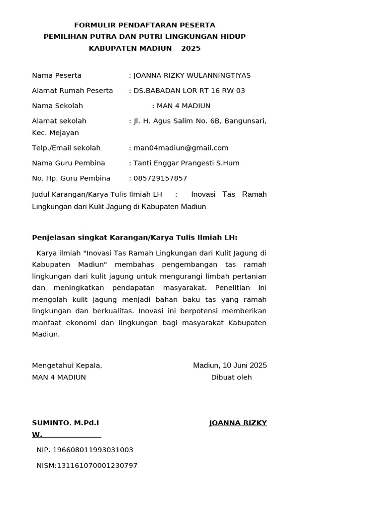 Format Formulir Surat Pernyataan Papi LH | PDF