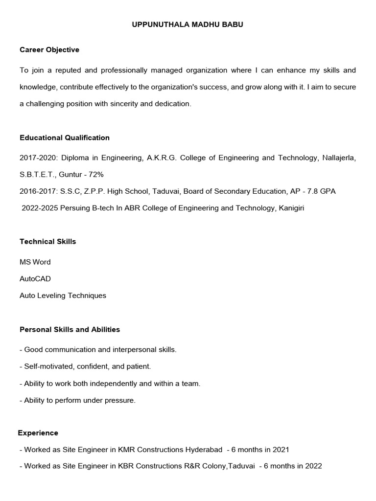 Uppunuthala Madhu Babu Resume .Dox | PDF