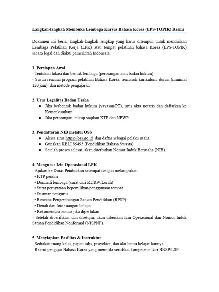 Langkah Mendirikan LPK Korea | PDF