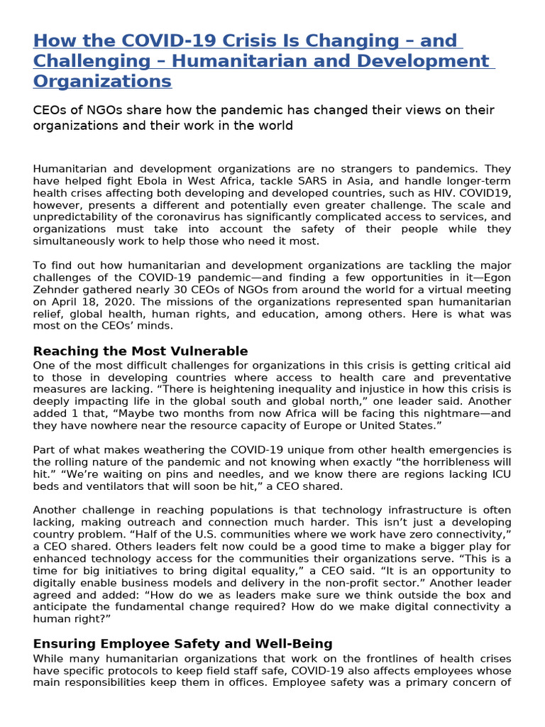 Challenges For NGO Post Covid | PDF | Non Governmental Organization ...