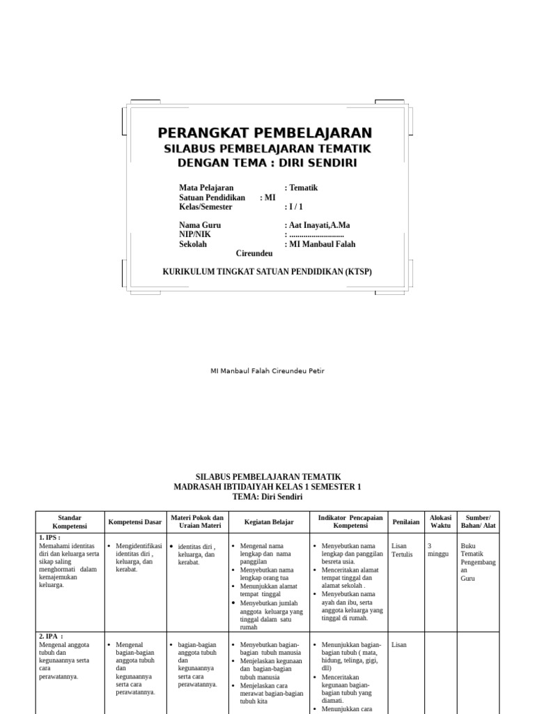 Silabus Tematik 1 | PDF