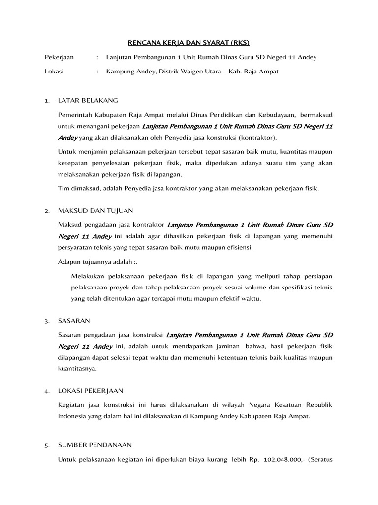 (RKS) 2023 TRumah Dinas Guru SD Negeri 11 Andey | PDF
